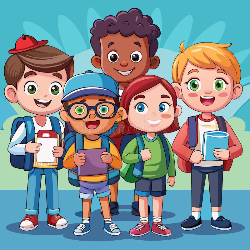 Five Diverse Smiling Children with Backpacks and School Supplies Ready ...