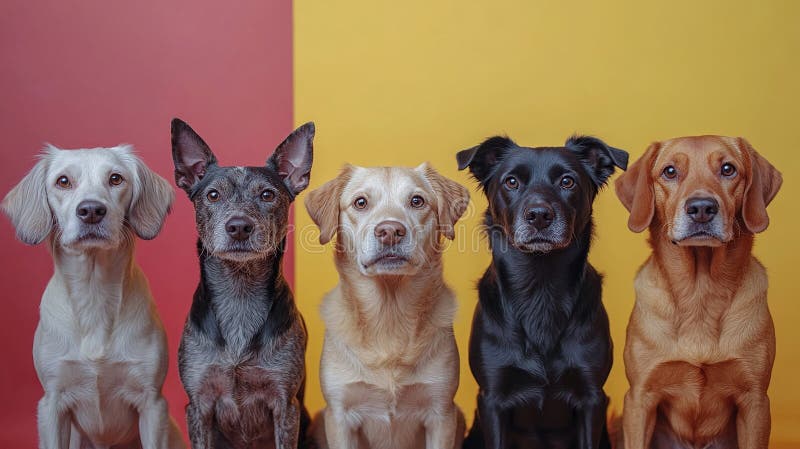 Five Dogs of Different Breeds Sit in a Row Against a Vibrant Two-toned ...