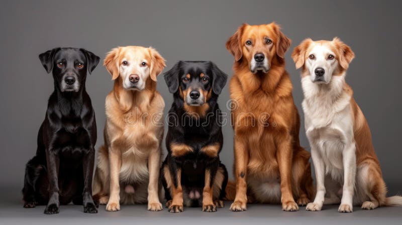 Five Dogs Sit in a Row and Look at the Camera Stock Photo - Image of ...