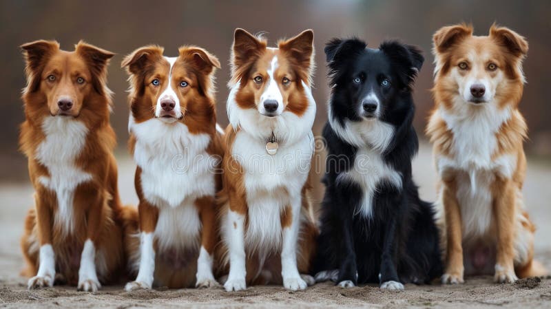 Five Dogs Sit in a Row and Look at the Camera Stock Photo - Image of ...