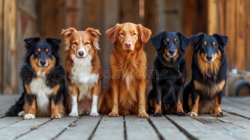 Five Dogs Sit in a Row and Look at the Camera Stock Image - Image of ...
