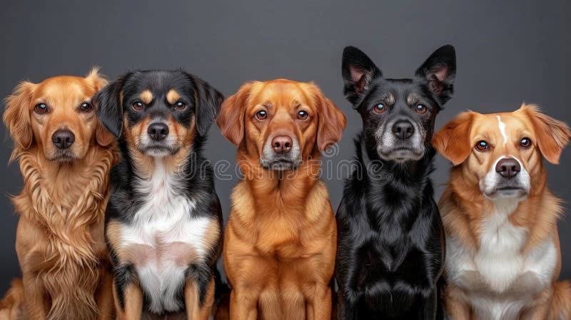 Five Dogs Sit in a Row and Look at the Camera Stock Image - Image of ...