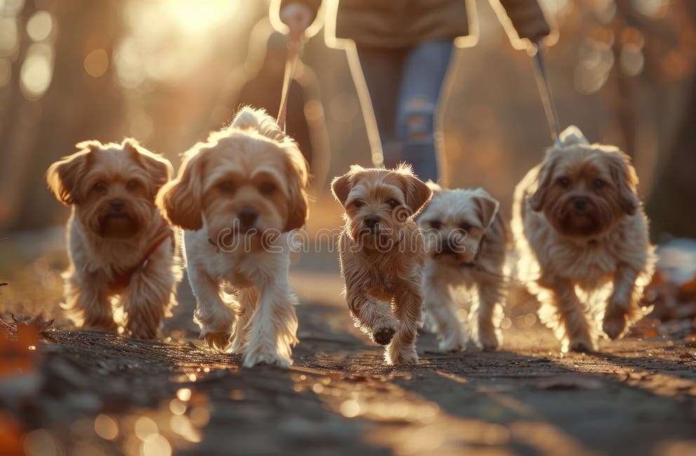 Five Dogs Walking in the Park Stock Image - Image of horizontal, park ...