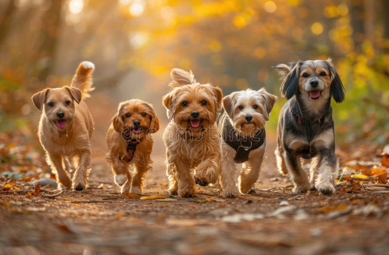 Five Dogs Walking in the Park Stock Image - Image of outdoors, young ...