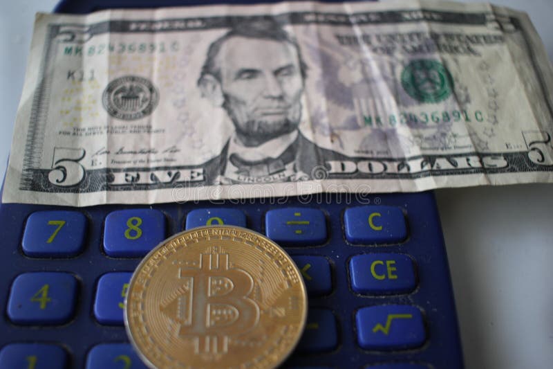 Five Dollar Bill and Bitcoin Stock Photo - Image of payment, investment ...