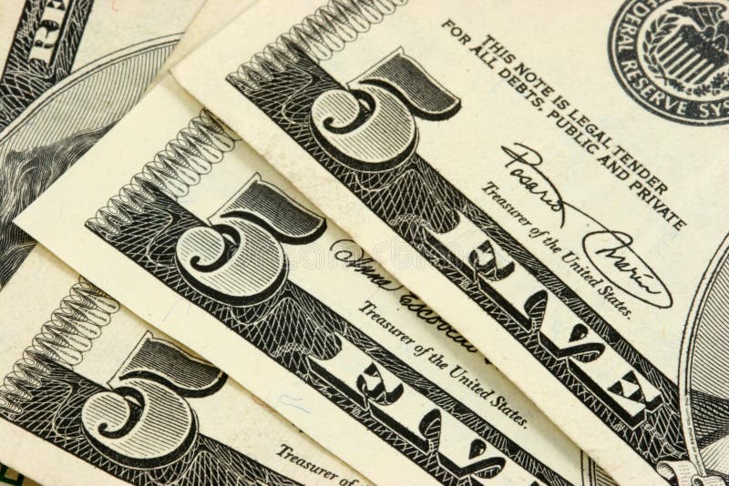 Five dollars bills stacked stock photo. Image of macro - 823104