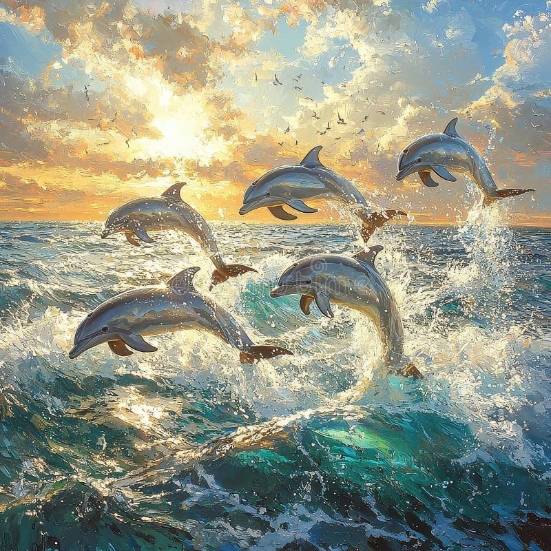 Five Dolphins Leaping in Ocean Waves at Sunset Stock Illustration ...