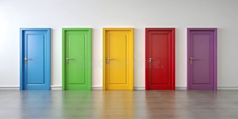 Five Doors with Empty Wall Five Colourful Doors on Isolated Light ...