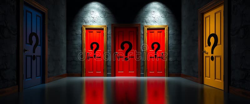 Five Doors with Question Marks Stock Image - Image of shadows, puzzle ...