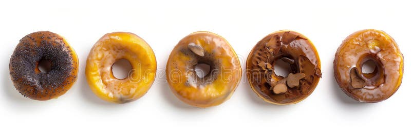 Five Doughnuts of Different Varieties Arranged in a Line on a White ...