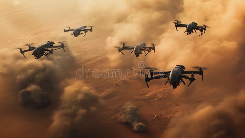 Drones Flying through Dust Clouds during a Sunset Over a Barren ...