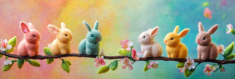 Five Easter Bunnies Crafted from Soft Wool Sit on a Branch Adorned with ...