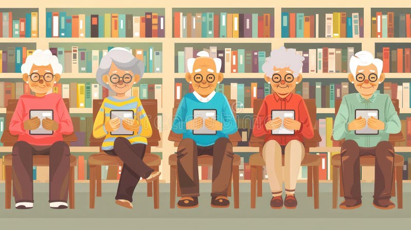 Five Elderly Individuals Sit Together in a Library, Enjoying Their ...