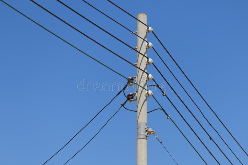 Five Electrical Cables on Pole in Malta - Blue Sky Background - Three ...