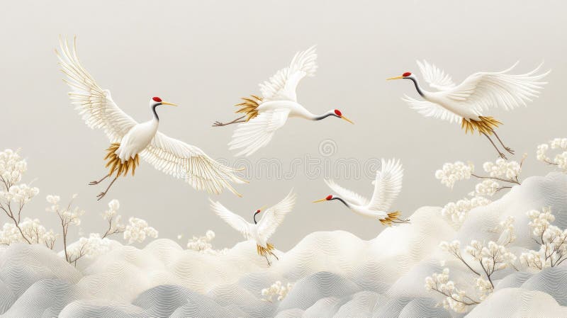 Five Elegant White Cranes in Flight Stock Illustration - Illustration ...