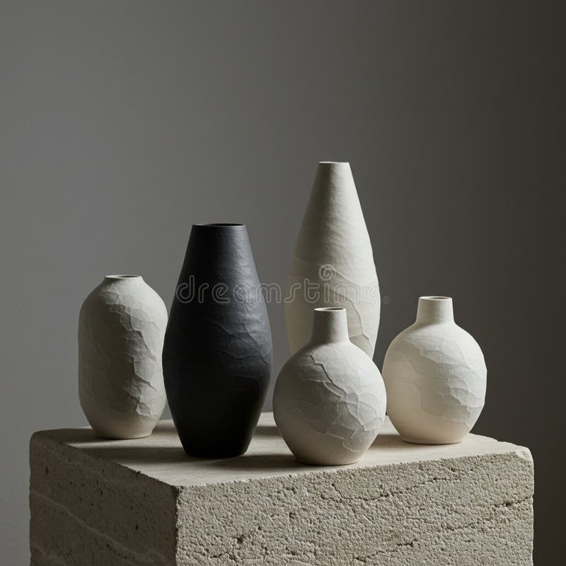 Five Elegantly Crafted Ceramic Vases are Displayed on a Rough-textured ...