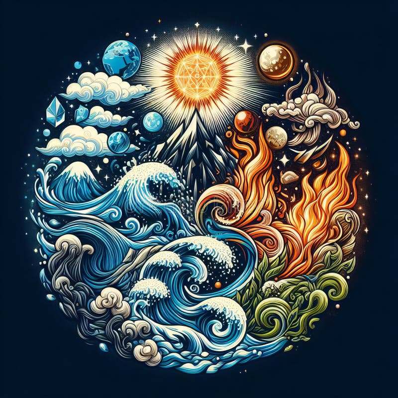 Five Elements of Nature Air Water Fire Earth Space Creation Stock ...