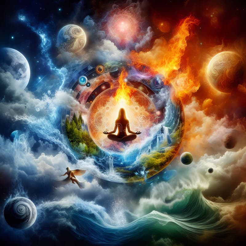 Five Elements of Nature Air Water Fire Earth Space Creation Stock ...