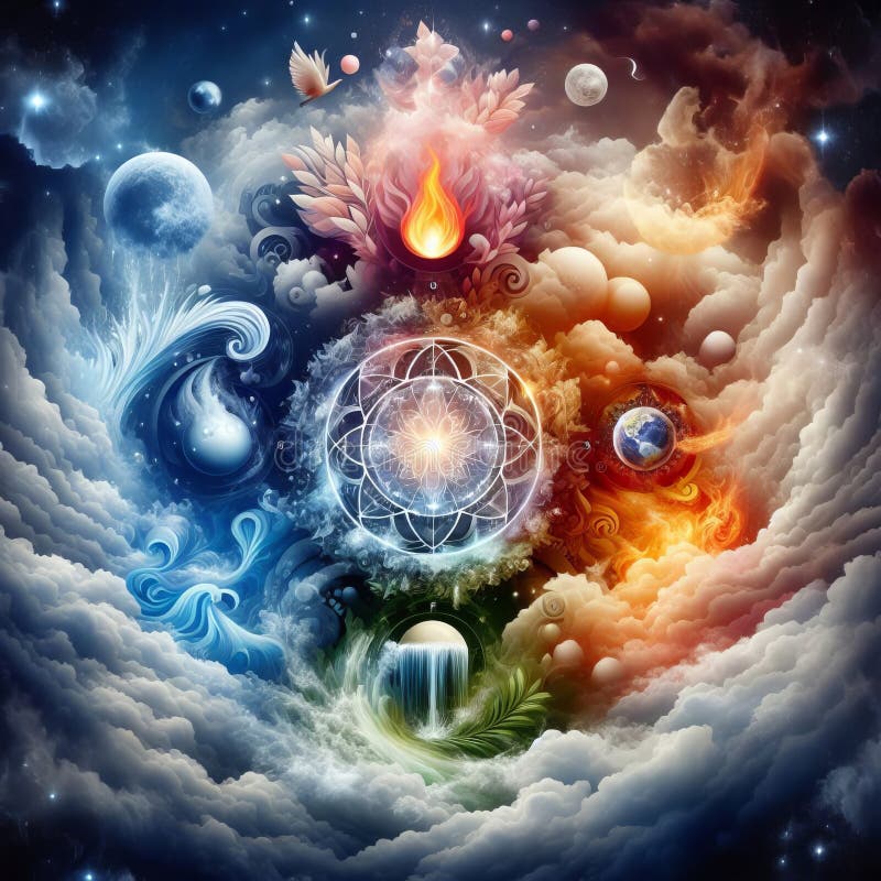 Five Elements of Nature Air Water Fire Earth Space Creation Stock ...