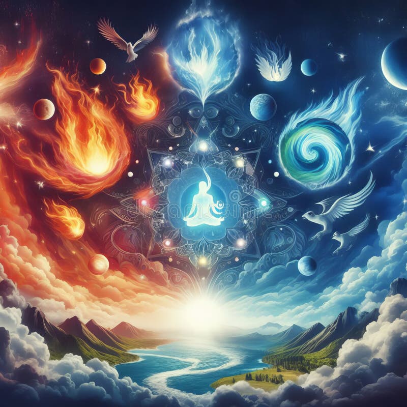 Five Elements of Nature Air Water Fire Earth Space Creation Stock ...