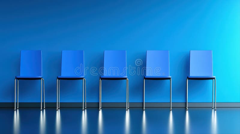 Five Empty Blue Chairs Against Blue Wall Representing Group Discussion ...