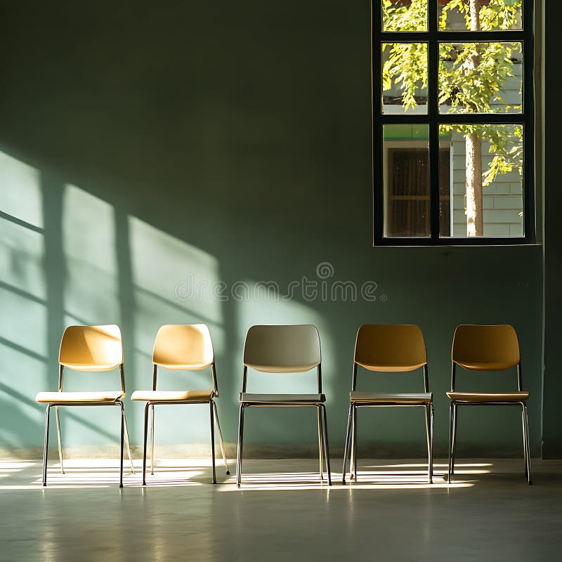 Five Empty Chairs Casting Shadows in Waiting Room with Green Wall ...