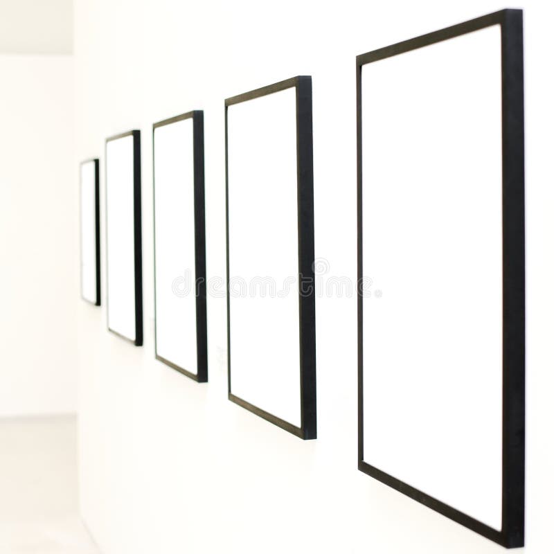 Five Empty Frames on White Wall Exhibition Stock Image - Image of ...