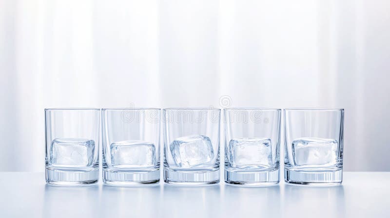 Five Empty Glasses with Ice Cubes are Lined Up on a Table Against a ...