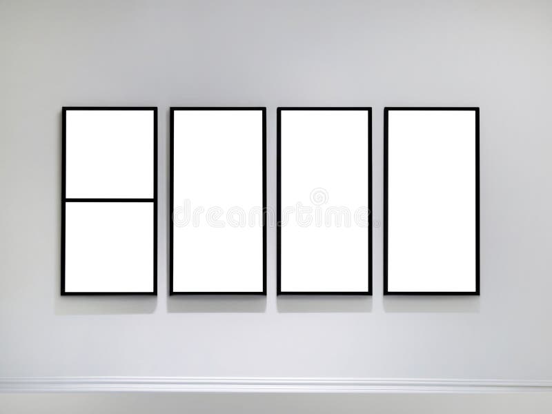 Five Empty Vertical and Rectangular Picture Frames Hanging on White ...