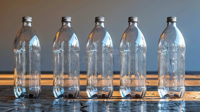 Five Empty Water Bottles Lined Up on a Concrete Surface Stock Image ...