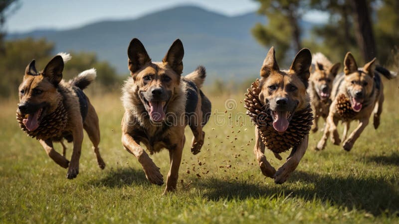 Happy German Shepherds Running with Pine Cones in a Field Stock ...
