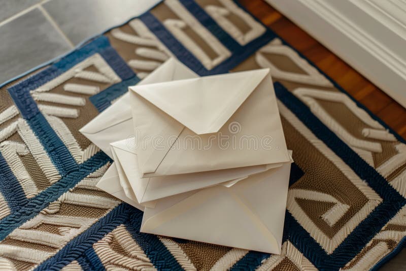Five Envelopes in a Stack on a Geometric Doormat Stock Photo - Image of ...