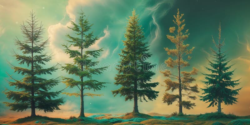 Five Evergreen Trees Growth Stages Nature Image. Stock Image - Image of ...
