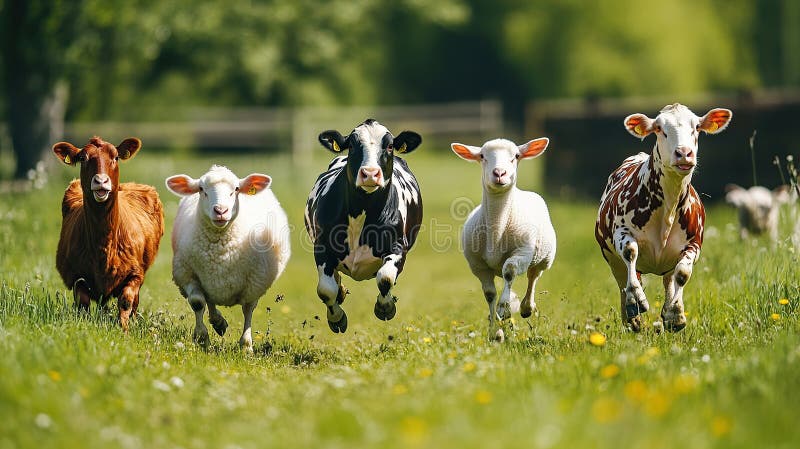 Five Farm Animals, Cows and Sheep, Running in a Grassy Field Stock ...