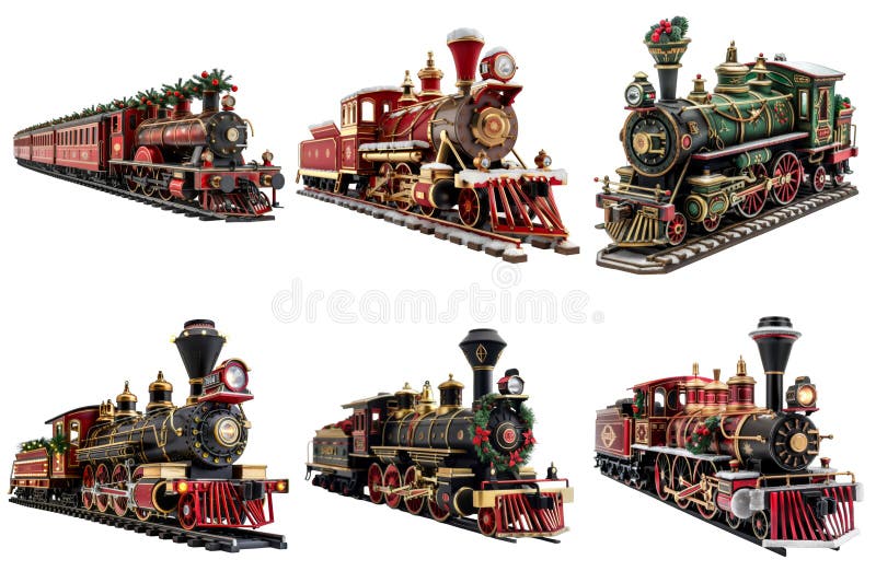Five Festive Christmas Trains with Decorations and Snow Stock Photo ...