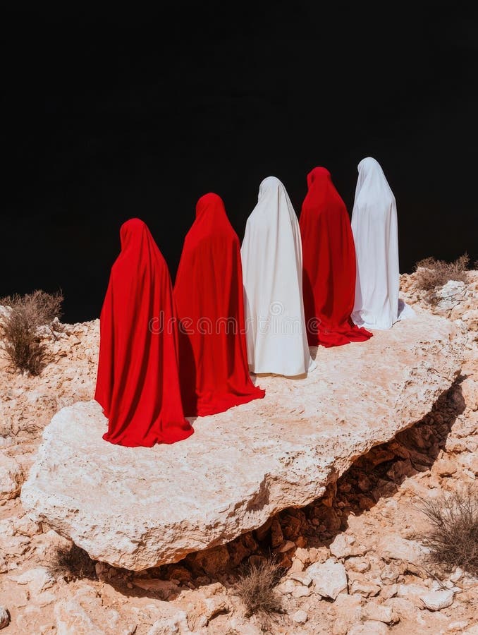 Five Figures in Red and White Robes Stand on a Cliff Overlooking a Dark ...