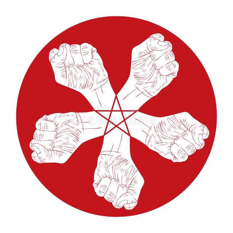 Five Fists Abstract Symbol with Five Point Star, Black and White Stock ...