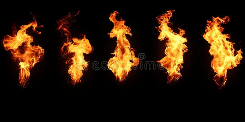 Five Flames Isolated on a Black Background. Fireball Energy Effect for ...