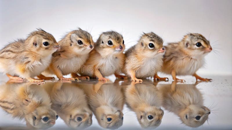 Five Fluffy Baby Chicks Stand in a Row on a Reflective Surface ...