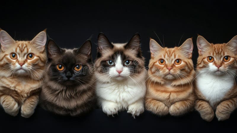 Five Fluffy Cats in a Row Against Black Background Stock Illustration ...