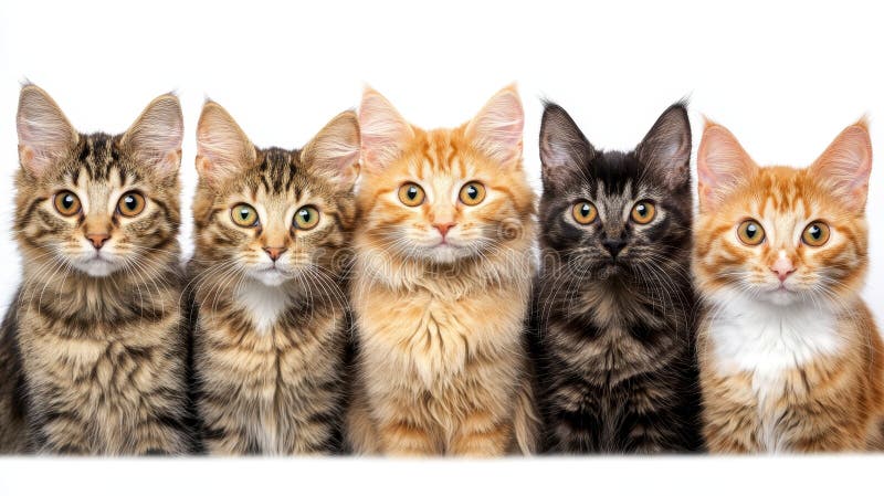 Five Fluffy Cats Sitting in a Row, Adorable Kittens Posing Together on ...