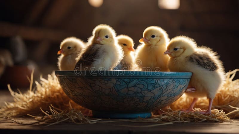 Adorable Baby Chicks in a Decorative Bowl Stock Illustration ...