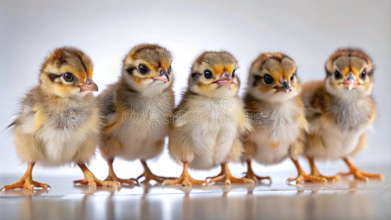 Five Fluffy Chicks Standing in a Row, Looking Directly at the Camera ...