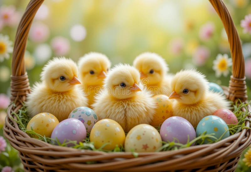 Five Fluffy Yellow Chicks Sitting in a Wicker Basket Surrounded by ...