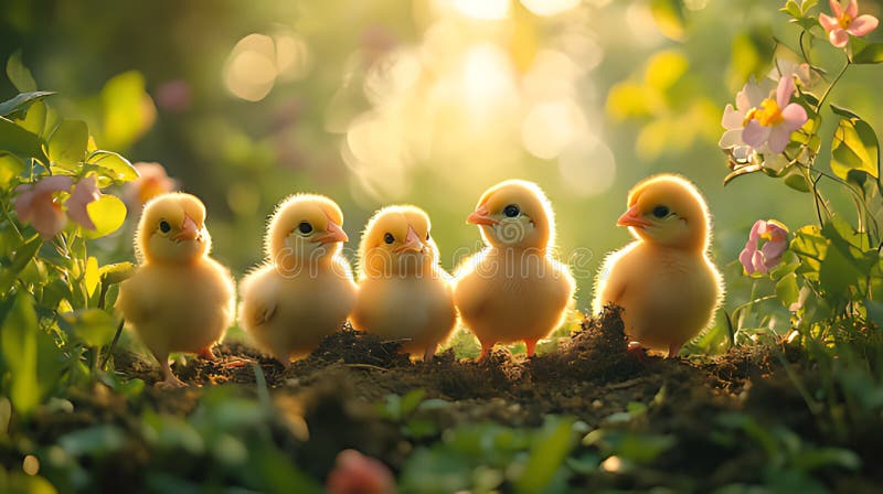 Five Fluffy Yellow Chicks Standing in a Row Amongst Spring Flowers and ...
