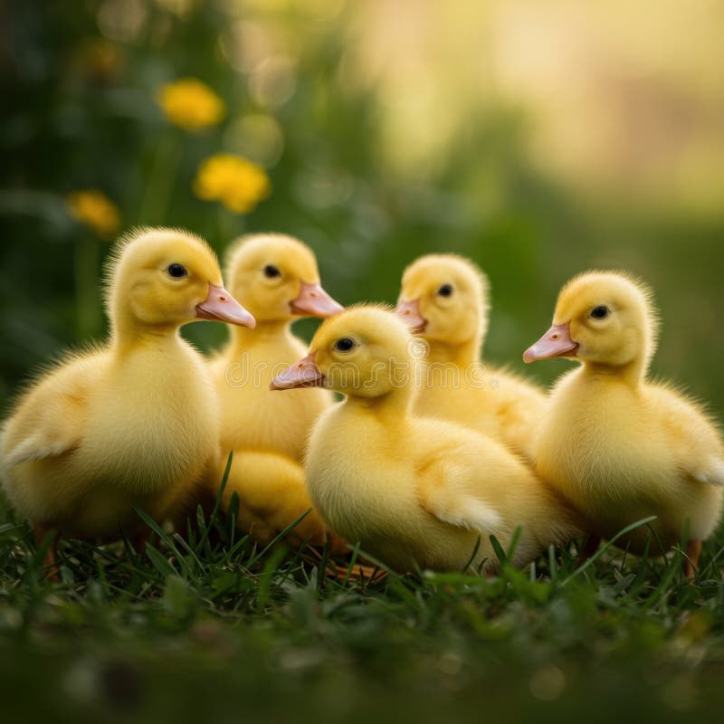 Five Fluffy Yellow Ducklings in Green Grass Stock Illustration ...