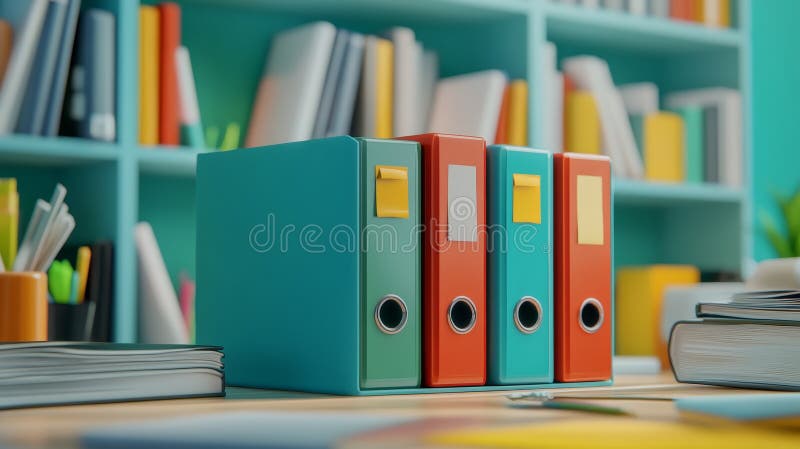 Five Folders in Different Colors are on a Bookshelf with Books ... Five Folders in Different Colors are on a Bookshelf with Books ...