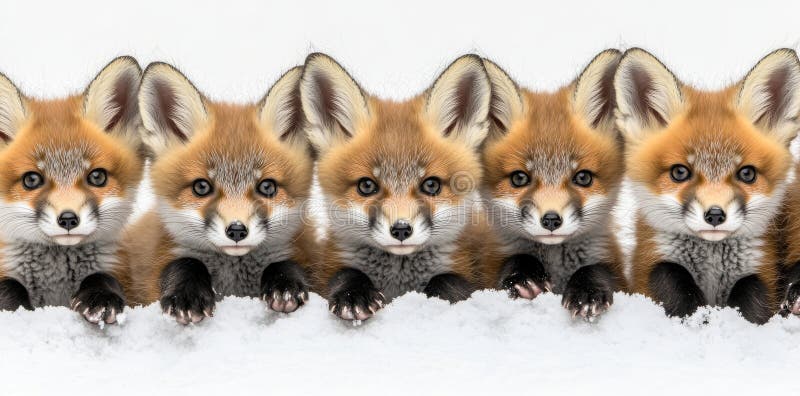 Five Fox Cubs Peek Out from Behind a White Blanket in a Warm and Cozy ...