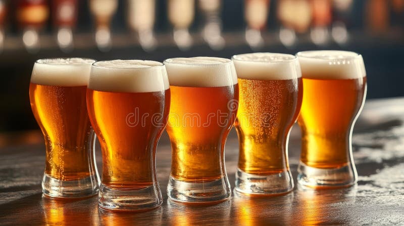 Five Fresh Cold Draft Beer Glasses in a Row on Bar Counter with Blurred ...