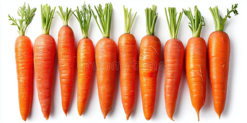 Five Fresh Orange Carrots Neatly Lined Up on a Clean White Surface with ...